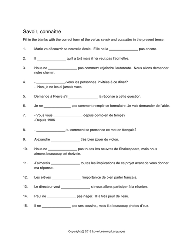 Connaître or Savoir French Worksheet | Teaching Resources