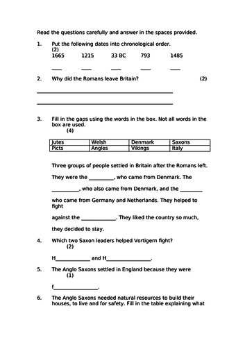 Year 4 Anglo-Saxons/Vikings Test and answers | Teaching Resources