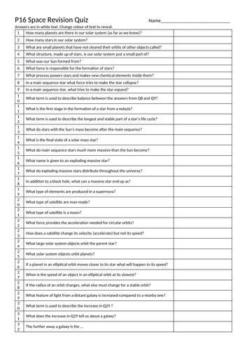 space summaries and questions for AQA GCSE physics | Teaching Resources