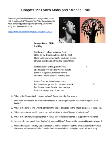 TKAM - Chapter 15: Strange Fruit and Lynch mobs | Teaching Resources