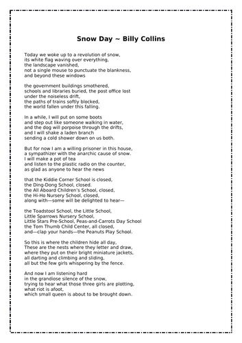 Poem; Snow Day by Billy Collins | Teaching Resources