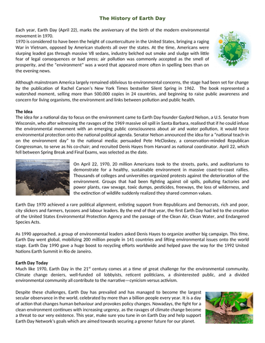 The history of Earth Day - Reading Comprehension Worksheet / Text ...