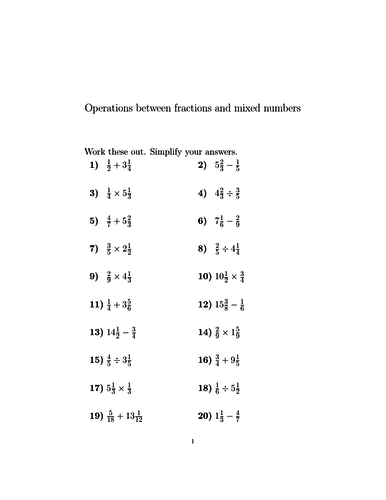 Operations between fractions and mixed numbers worksheet (with ...