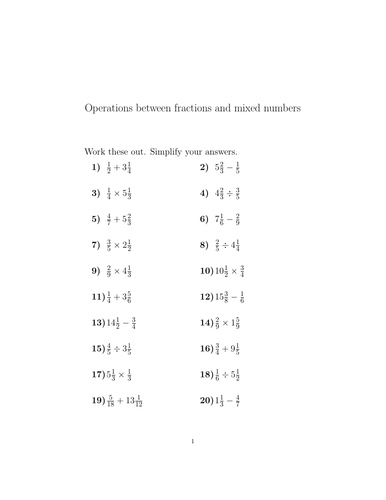 Operations between fractions and mixed numbers worksheet (with ...