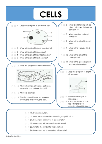 GCSE Biology Revision Questions: CELLS | Teaching Resources