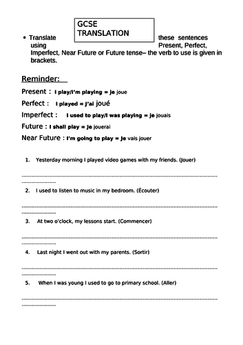 GCSE TRANSLATIONS ON 6 DIFFERENT TOPICS + 40 PHRASES TO PRACTISE TENSES ...