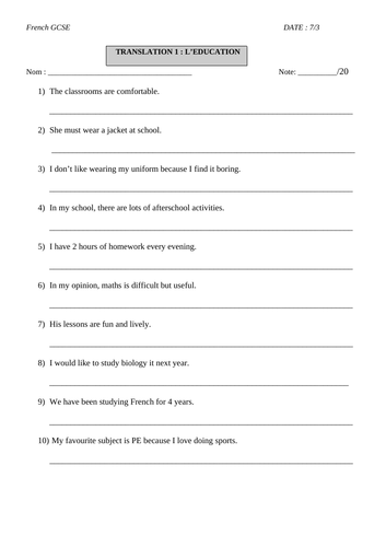 GCSE TRANSLATIONS ON 6 DIFFERENT TOPICS + 40 PHRASES TO PRACTISE TENSES ...