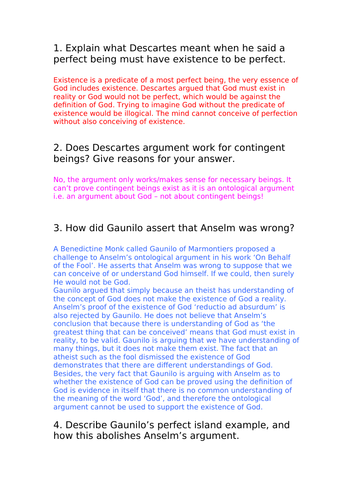 Philosophy of Religion -Anselm, Gaunilo and Descartes - the Ontological ...