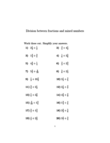 Division between fractions and mixed numbers worksheet (with solutions ...