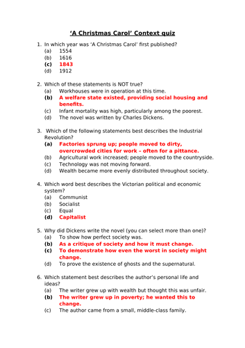 'A Christmas Carol' context multiple choice quiz (with answers ...