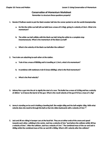 Conservation of Momentum Worksheet with Answers | Teaching Resources