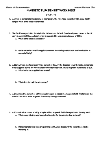 Magnetic Flux Density Worksheet with Answers | Teaching Resources