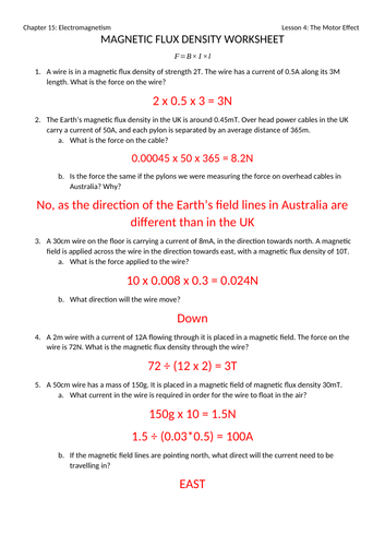 Magnetic Flux Density Worksheet with Answers | Teaching Resources