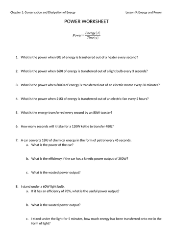Power Worksheet with Answers | Teaching Resources