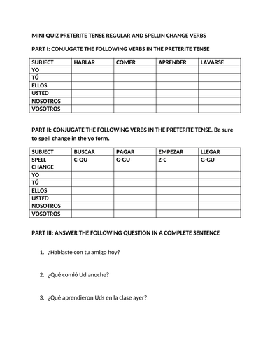 preterite tense regular and spelling change verbs mini quiz | Teaching ...