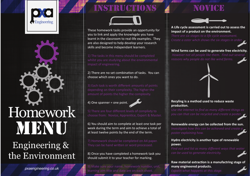 KS4 Engineering & the Environment Homework Menu | Teaching Resources