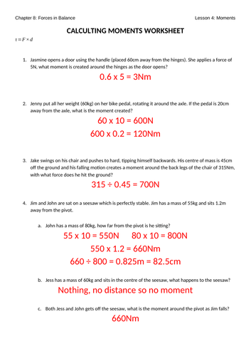 Moments Worksheet with Answers | Teaching Resources
