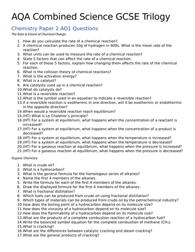 AQA GCSE Combined Science: Trilogy - Chemistry Papers 1 & 2 Questions | Teaching Resources