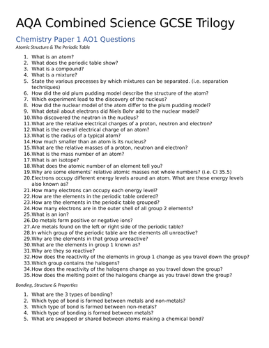 AQA GCSE Combined Science: Trilogy AO1 & AO2 Questions Complete Set ... AQA GCSE Combined Science: Trilogy AO1 & AO2 Questions Complete Set ...
