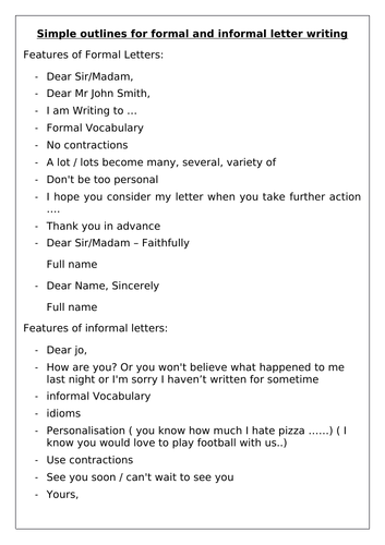 Simple outline for formal and informal letters | Teaching Resources