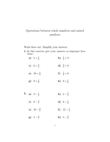 Operations between whole numbers and mixed numbers worksheet (with ...