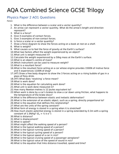 AQA GCSE Combined Science: Trilogy - Paper 2 Key Questions | Teaching ...