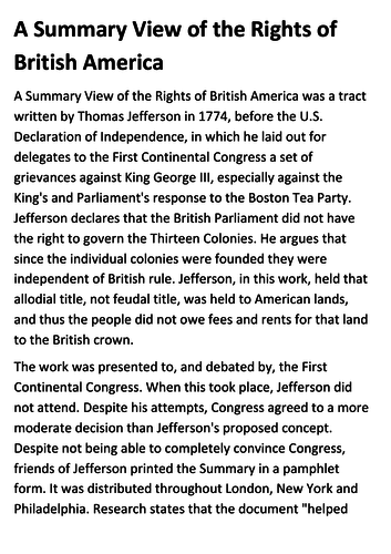 A Summary View of the Rights of British America - Thomas Jefferson ...