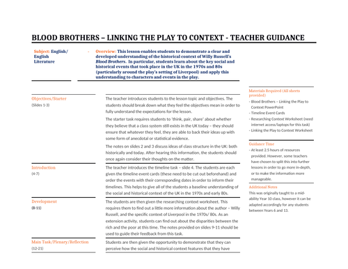 Blood Brothers - Linking the Play to Context | Teaching Resources