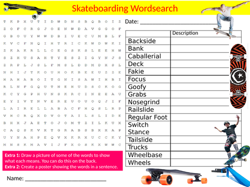 Skateboarding Wordsearch Sheet Starter Activity Keywords Sport Physical ...