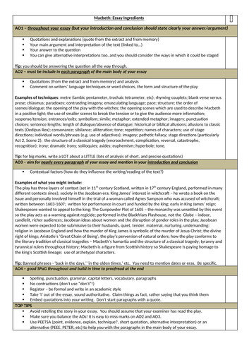 Macbeth Essay Ingredients - AQA GCSE English Literature | Teaching ...