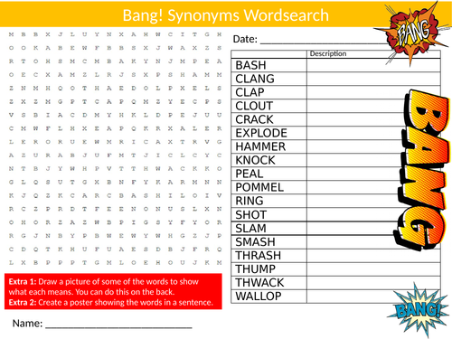 Bang Synonyms Wordsearch Sheet Starter Activity Keywords Cover English ...