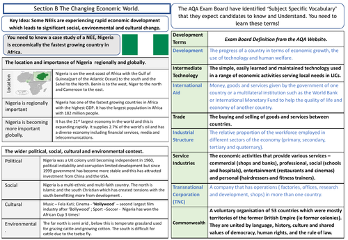 GCSE AQA 9-1 : Nigeria Case Study, Economic World, Knowledge Organiser and Revision Summaries ...
