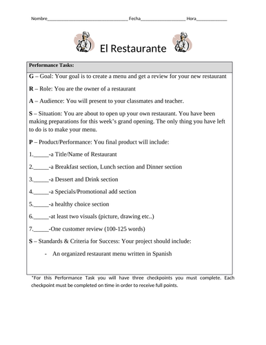 Performance Task Spanish Menu Project Spanish Food La Comida | Teaching ...