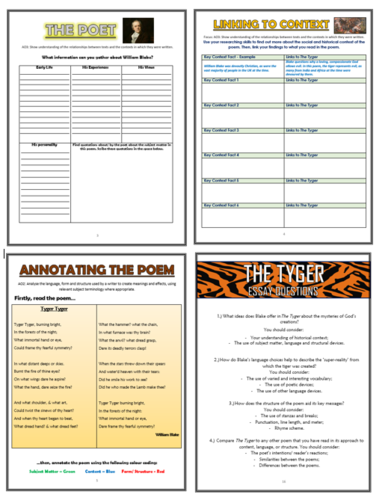 The Tyger - William Blake - Comprehension Activities Booklet ...