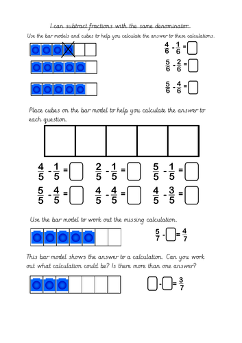 Year 3 Subtracting Fractions Using Bar Model and Cubes | Teaching Resources