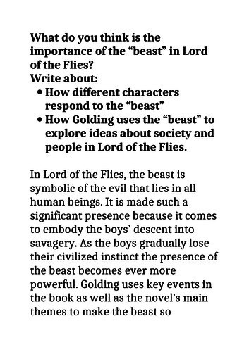 GCSE 9-1 Lord of flies Exemplar Grade 9 essay Beast | Teaching Resources