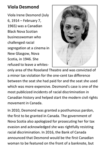 Viola Desmond Handout | Teaching Resources