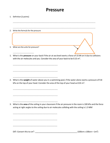 GCSE Physics Worksheet: pressure, force, area, definition, formula and ...