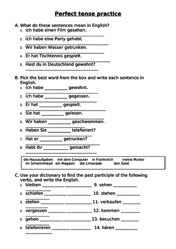 German Perfect Tense Worksheet Pdf