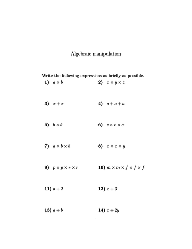 Algebraic manipulation worksheet (with solutions) | Teaching Resources