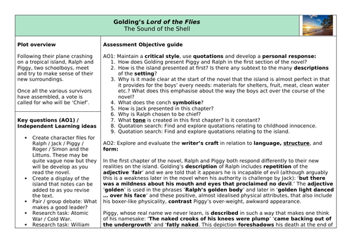 GCSE 9-1 Lord of the Flies Revision Unit Exemplar Chapter One ...