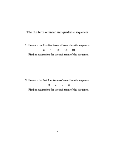 The nth term of linear and quadratic sequences worksheet (with ...