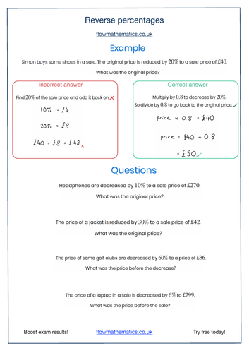 Reverse Percentages Worksheet | Teaching Resources