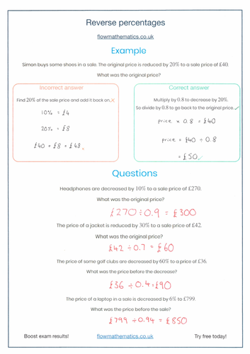 Reverse Percentages Worksheet | Teaching Resources