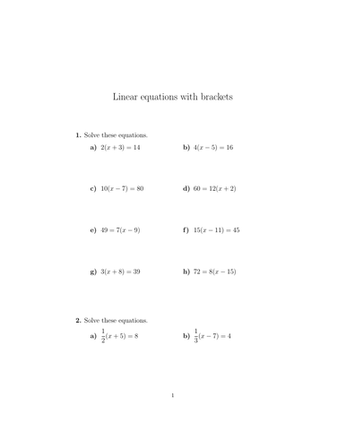 Linear equations with brackets worksheet no 2 (with solutions ...