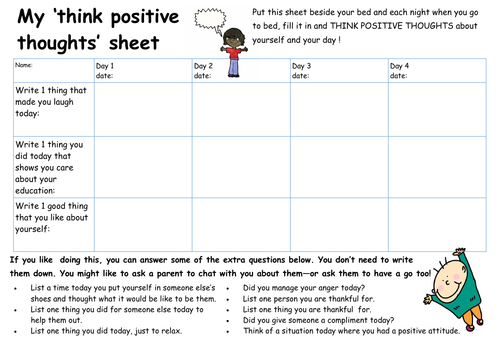 My 'Think positive thoughts' Sheet | Teaching Resources