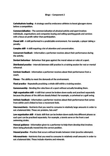 Bingo 2 - Fun revision Activity for GCSE PE Edexcel (2016 onwards ...