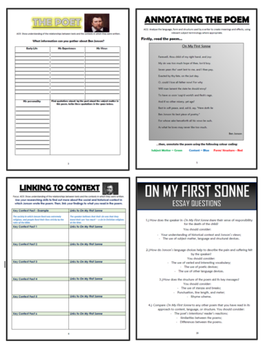 On My First Sonne - Ben Jonson - Comprehension Activities Booklet ...