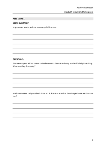 Macbeth Act Five Workbook (GCSE) | Teaching Resources