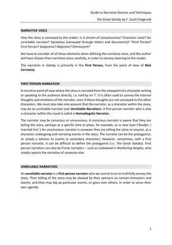 Narrative Voice in The Great Gatsby | Teaching Resources